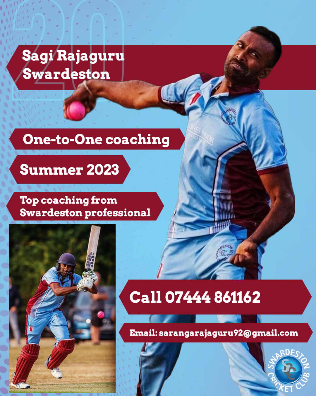 1-1 coaching sessions with Sagi - Swardeston Cricket Club